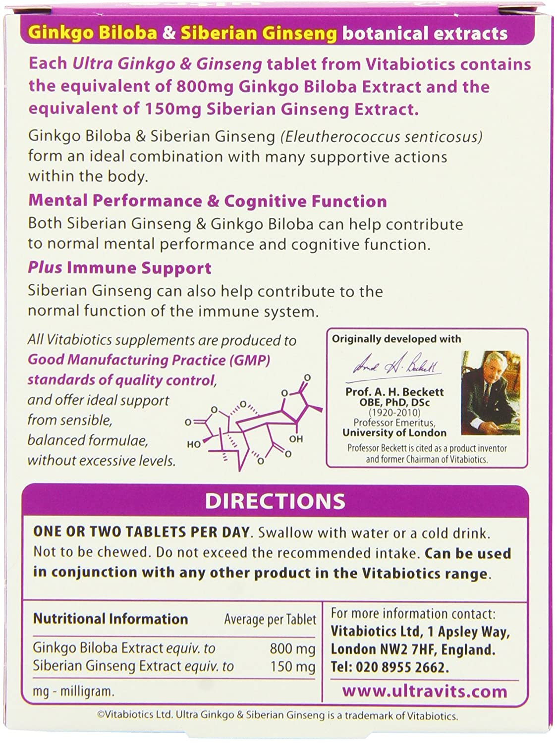 Vitabiotics Ultra Ginkgo and Ginseng Tablets 60 Tablets